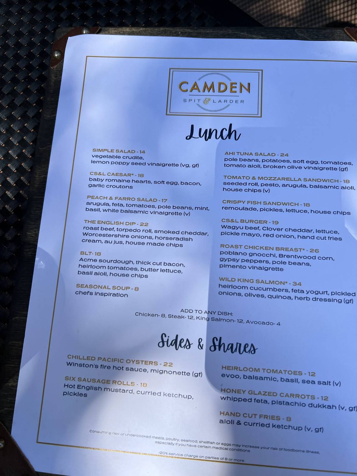 Menu at Camden Spit & Larder restaurant, Sacramento