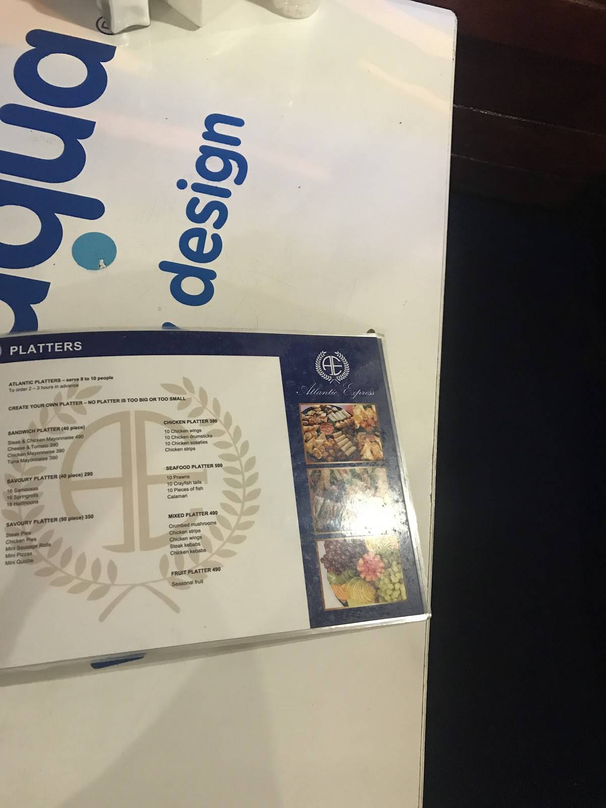 Menu at Atlantic Express Train Restaurant, Cape Town