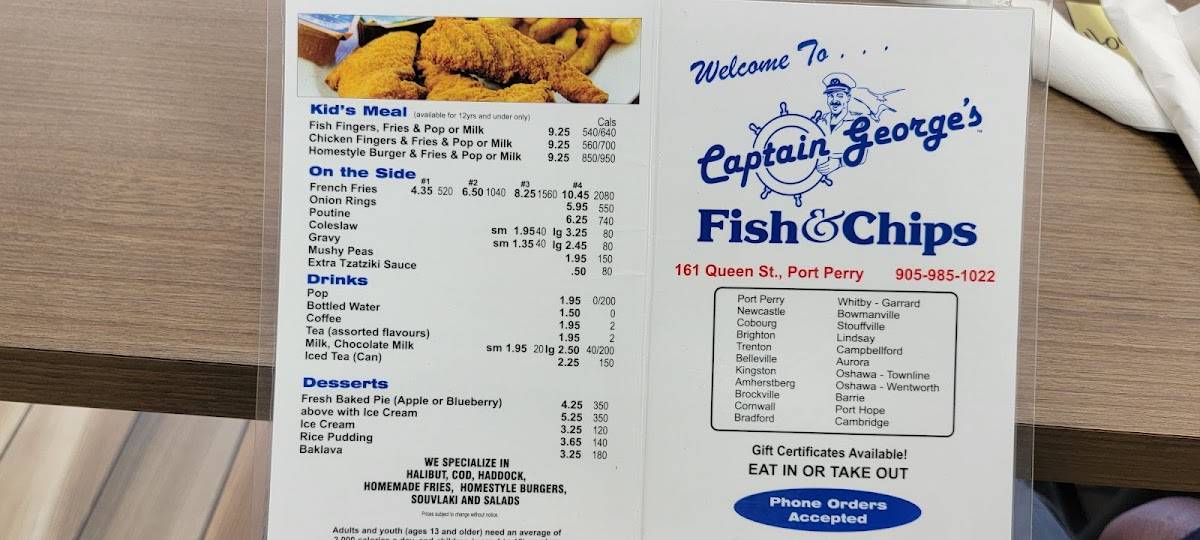 Menu at Captain George Fish & Chips restaurant, Port Perry
