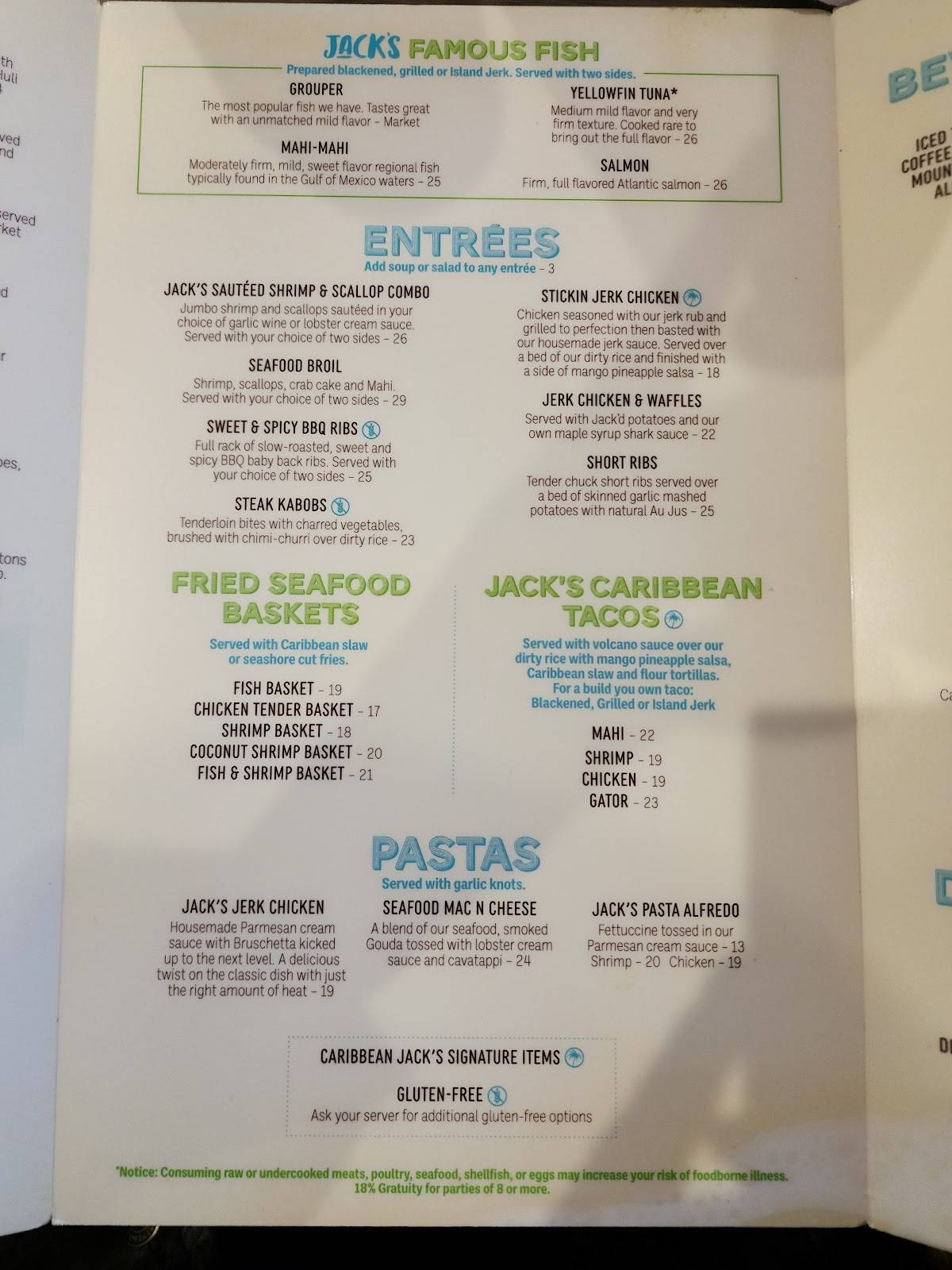 Menu at Caribbean Jack's pub & bar, Daytona Beach