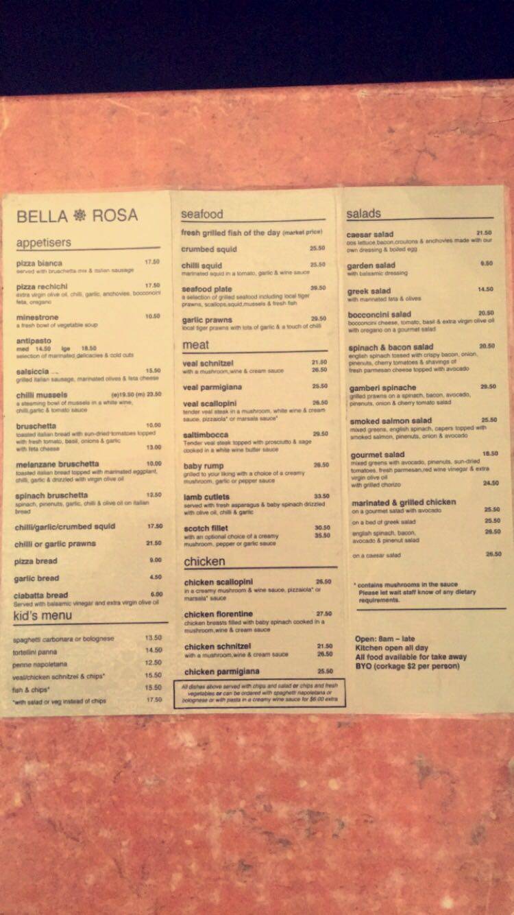 Menu at Cafe Bella Rosa, Carlisle