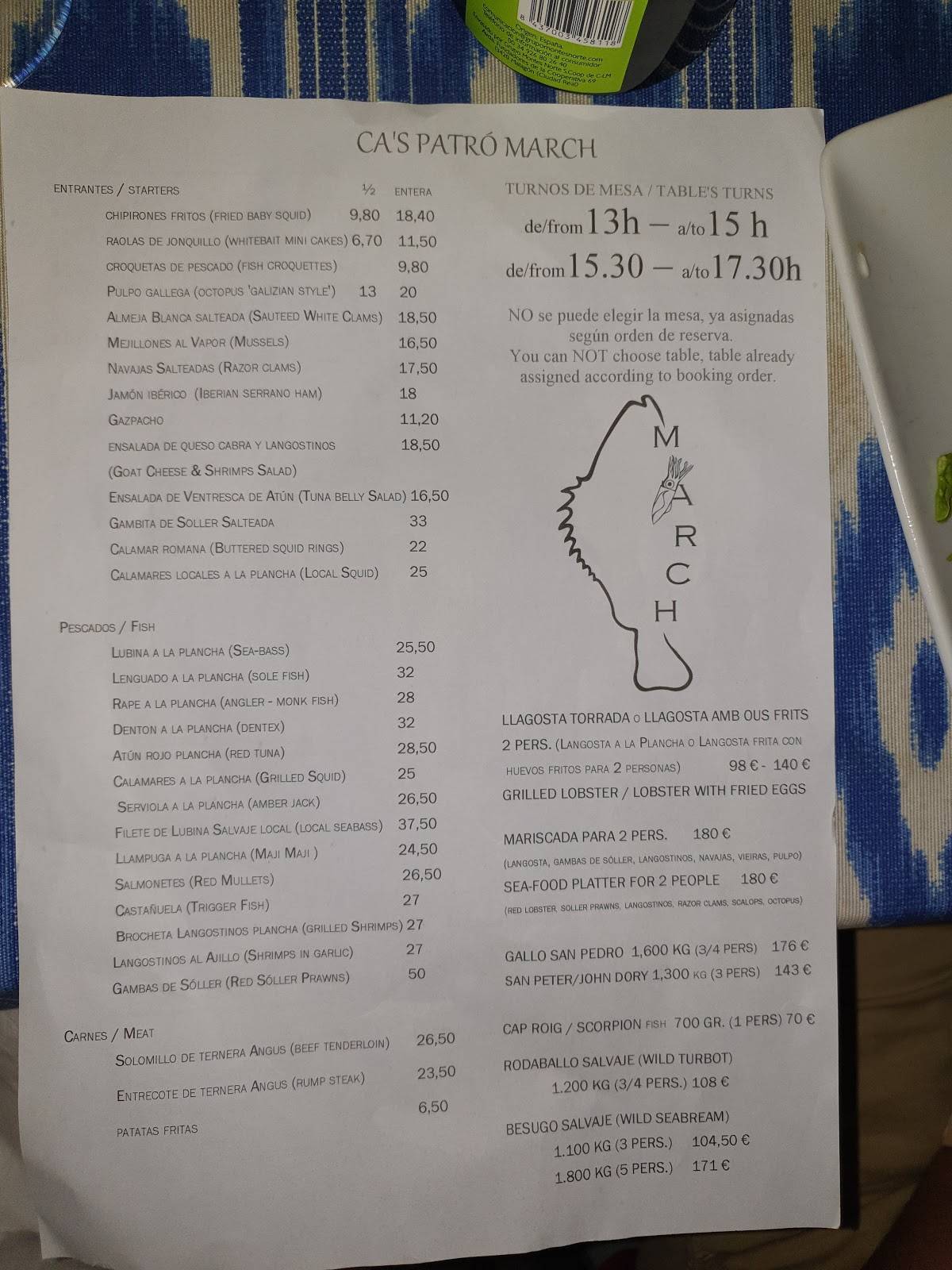 Menu at Ca's Patró March restaurant, Deià