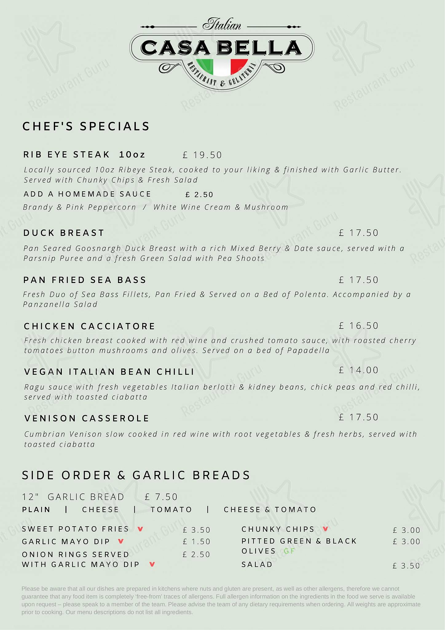 Menu at Casa Bella restaurant, Keswick
