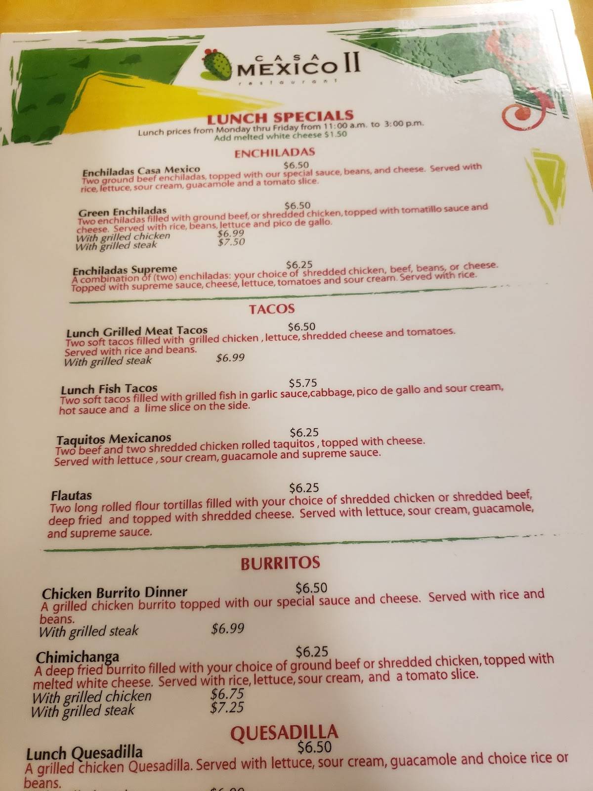 Menu at Casa Mexico II restaurant, Warner Robins