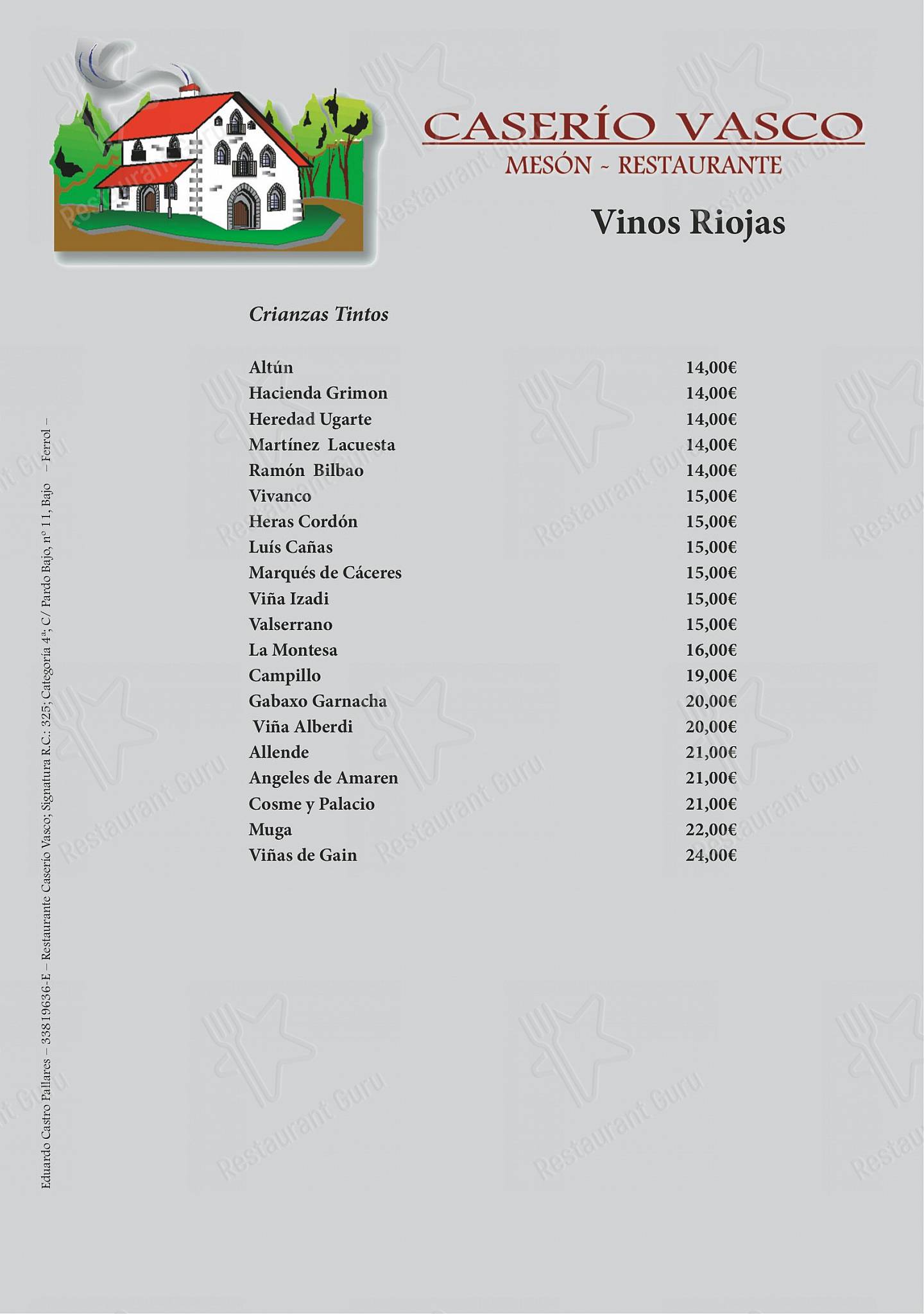 Carta del restaurante El Caserío Vasco, Ferrol
