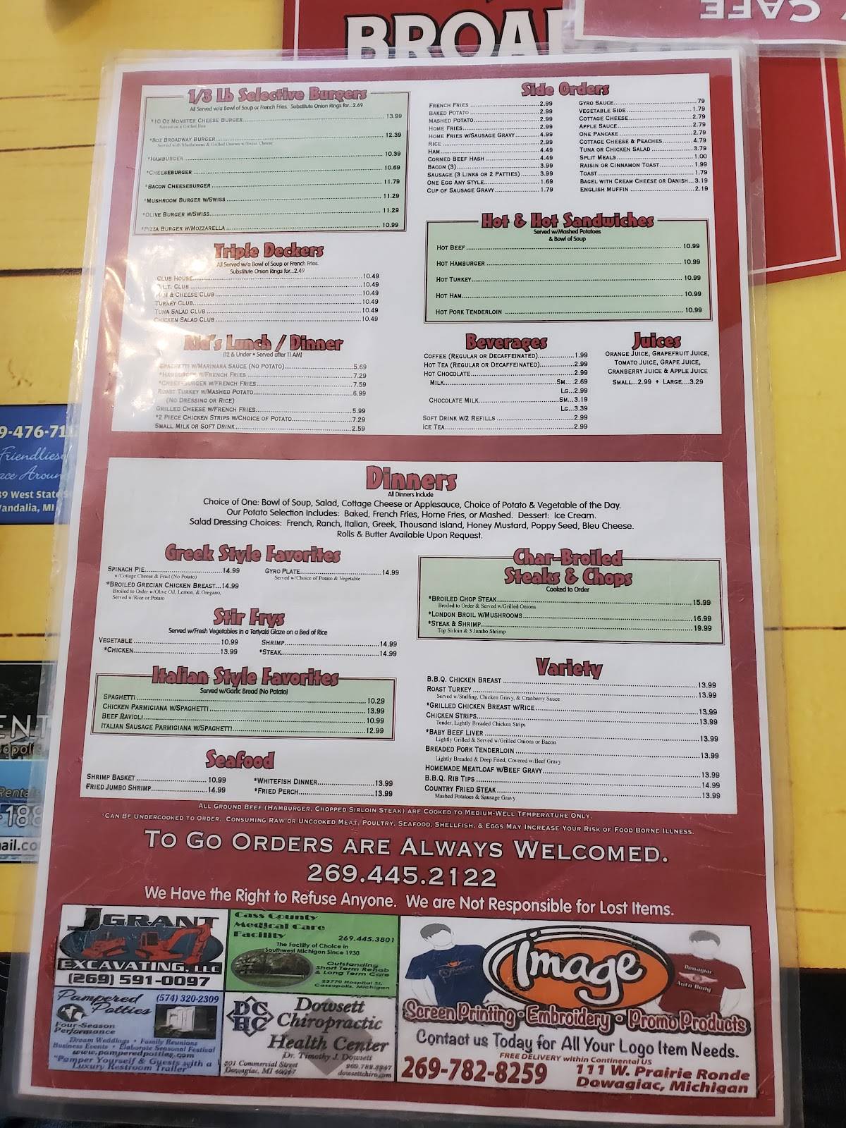 Menu at Broadway Cafe, Cassopolis