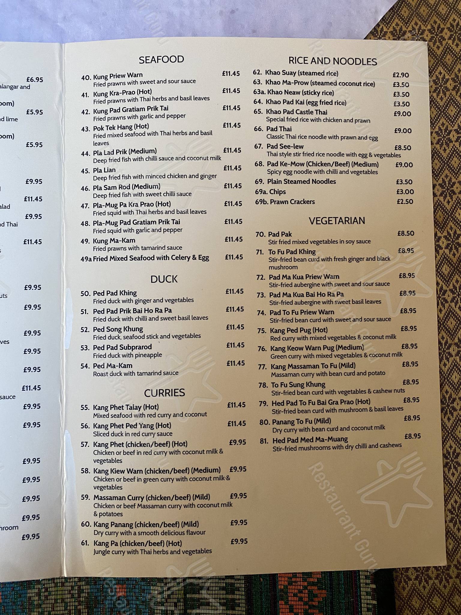 Menu at Castle Thai restaurant, Shrewsbury