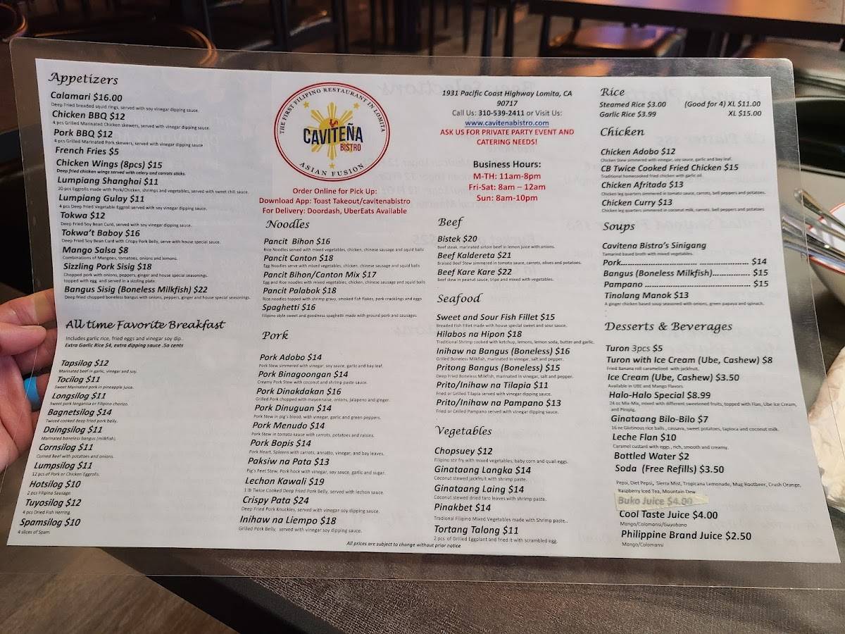Menu at Cavitena Bistro Filipino Restaurant, Lomita