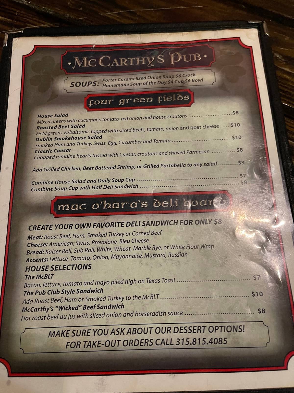 Menu at McCarthy's Irish Pub, Cazenovia
