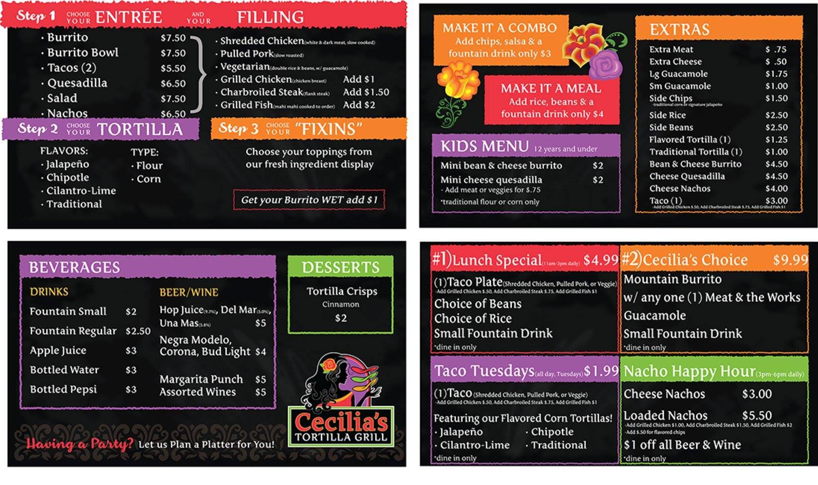 Menu at Cecilia's Tortilla Grill restaurant, Laguna Hills