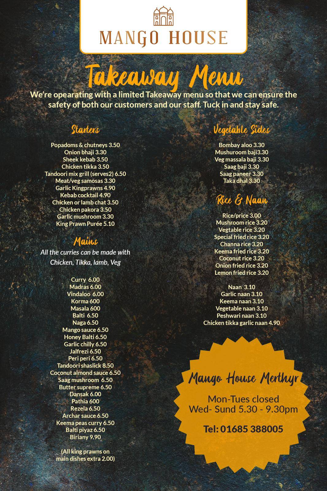 Menu at Mango House Restaurant, Merthyr Tydfil