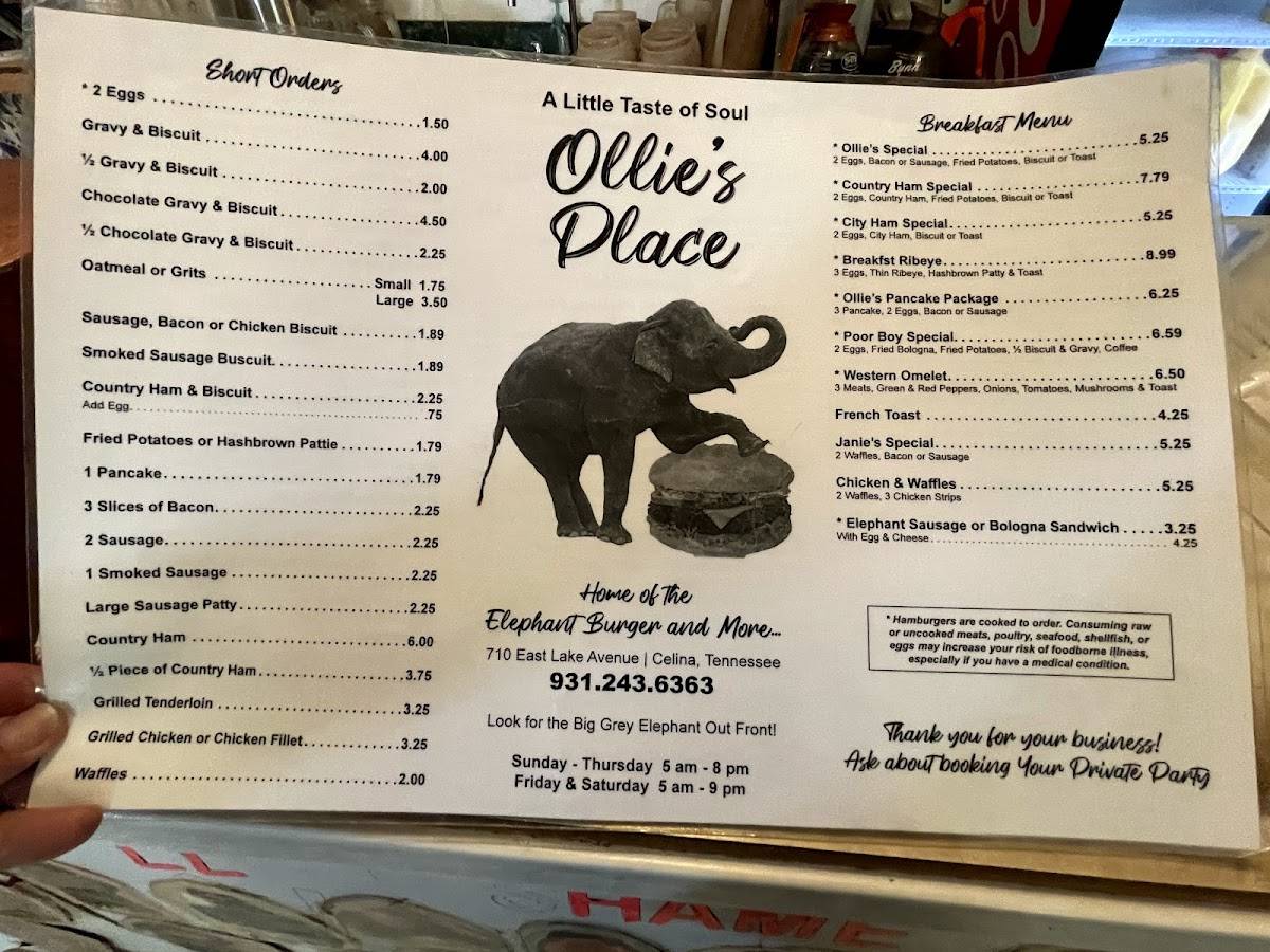 Menu at Ollie's Place restaurant, Celina