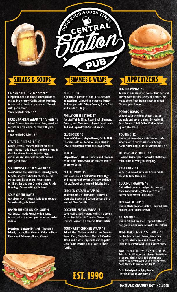 Menu at Central Station Pub, Kamloops