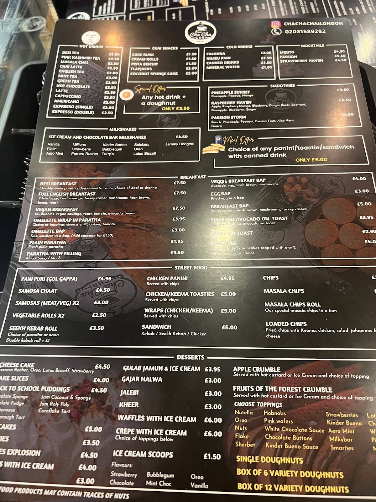 Menu at Cha Cha Chai cafe, London, 245 Hoe St