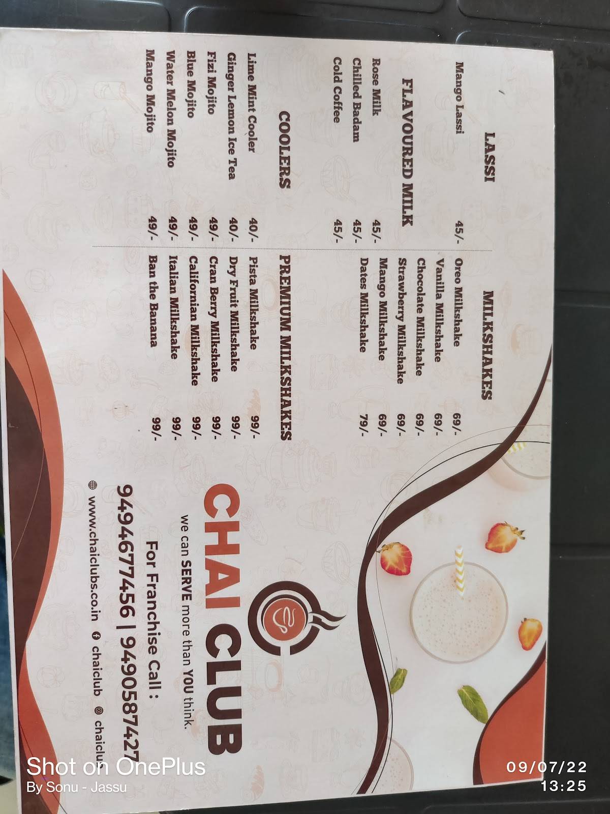 Menu at Chai club, Chitradurga