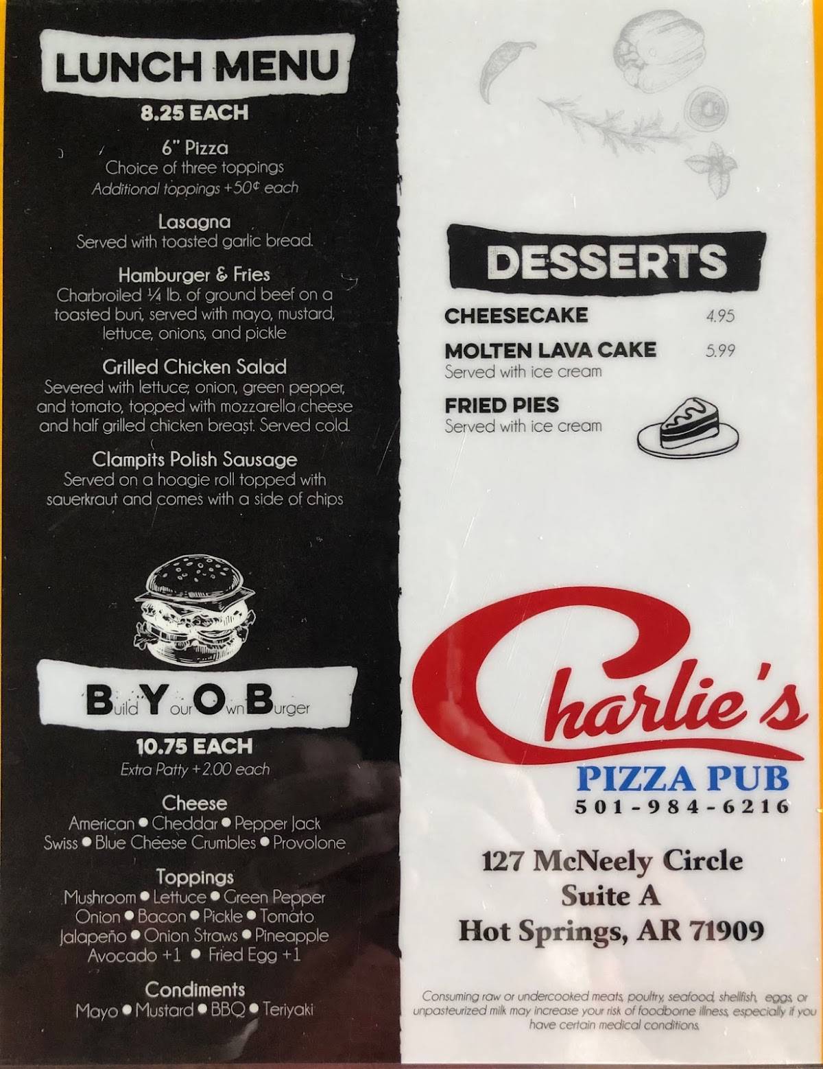 Menu at Charlie's Pizza Pub, Hot Springs Village, 127 McNeely Cir A