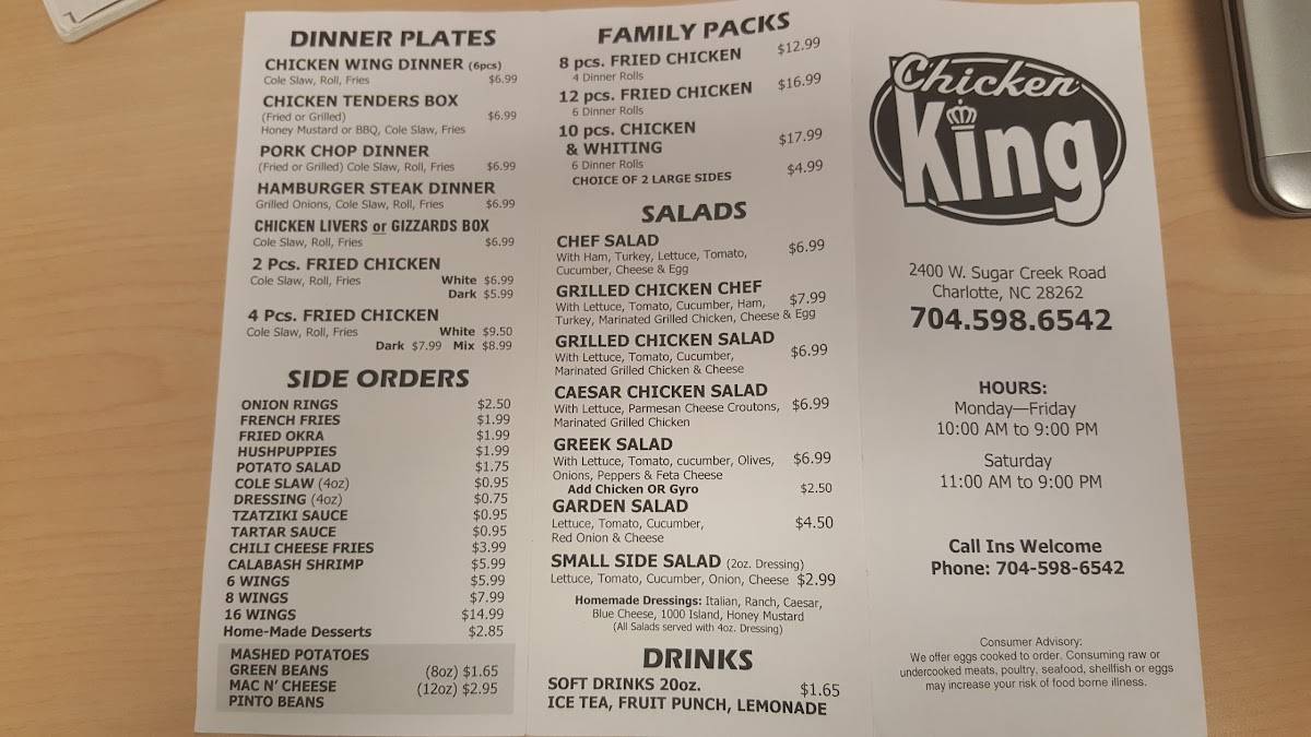 Menu at Chicken King fast food, Charlotte, W Sugar Creek Rd A