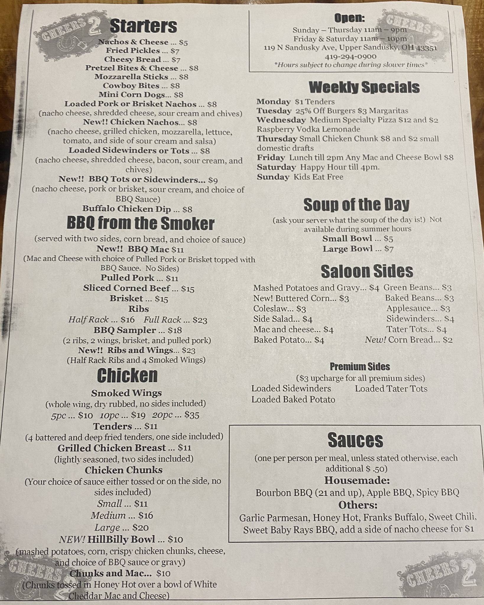 Menu at Cheers 2 U pub & bar, Upper Sandusky