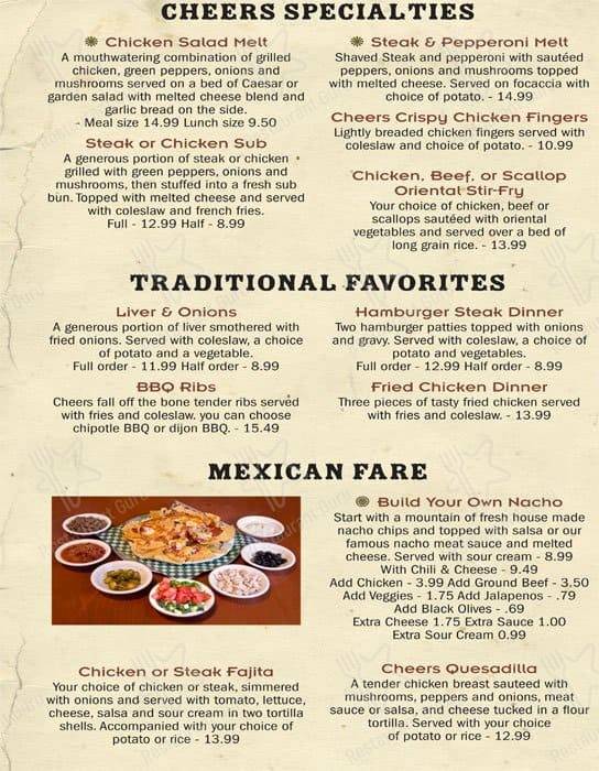 Menu at Cheers Beverage Room & Catering pub & bar, Moncton