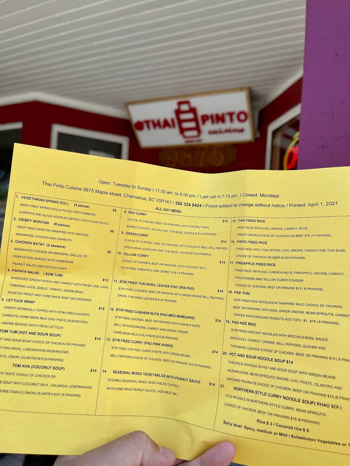 Menu at @THAI PINTO CUISINE restaurant, Chemainus