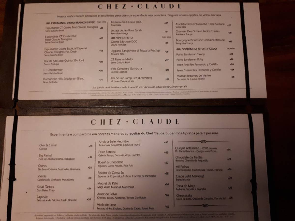 Menu em Chez Claude restaurante, Rio de Janeiro