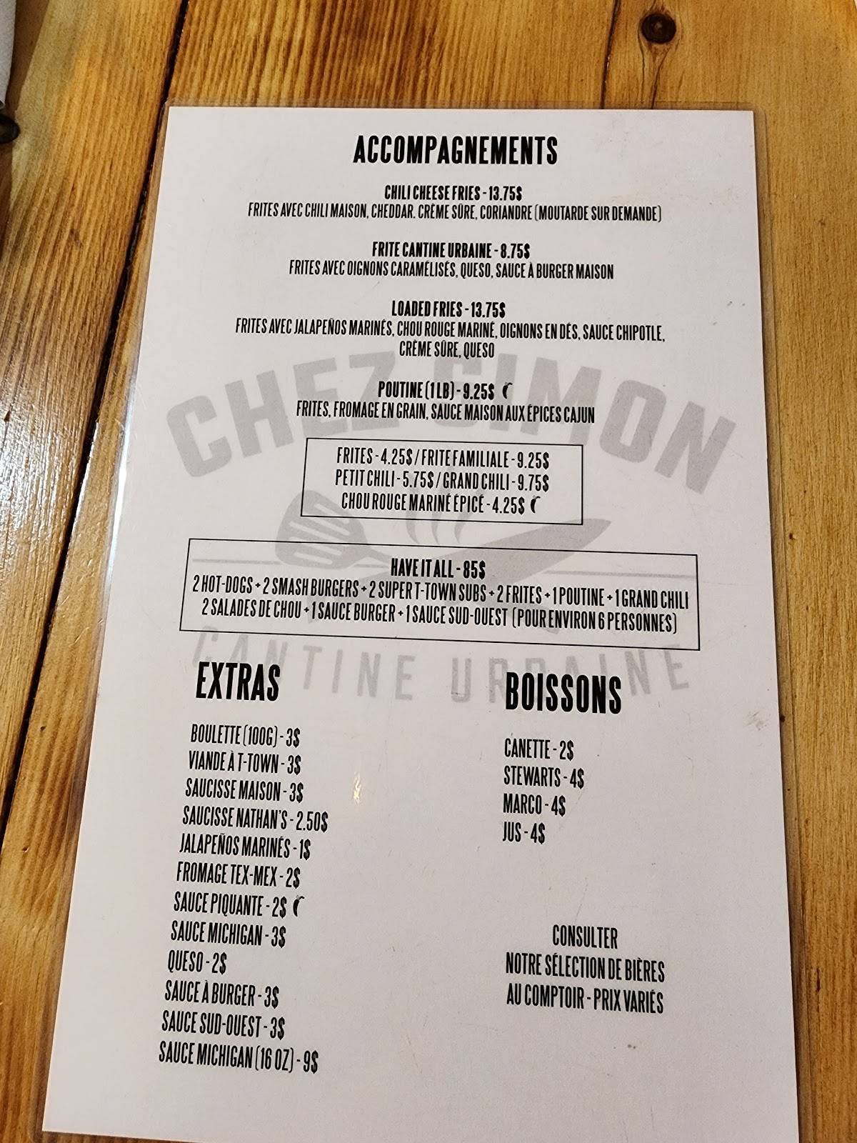 Menu au Chez Simon Cantine Urbaine fast food, Montréal