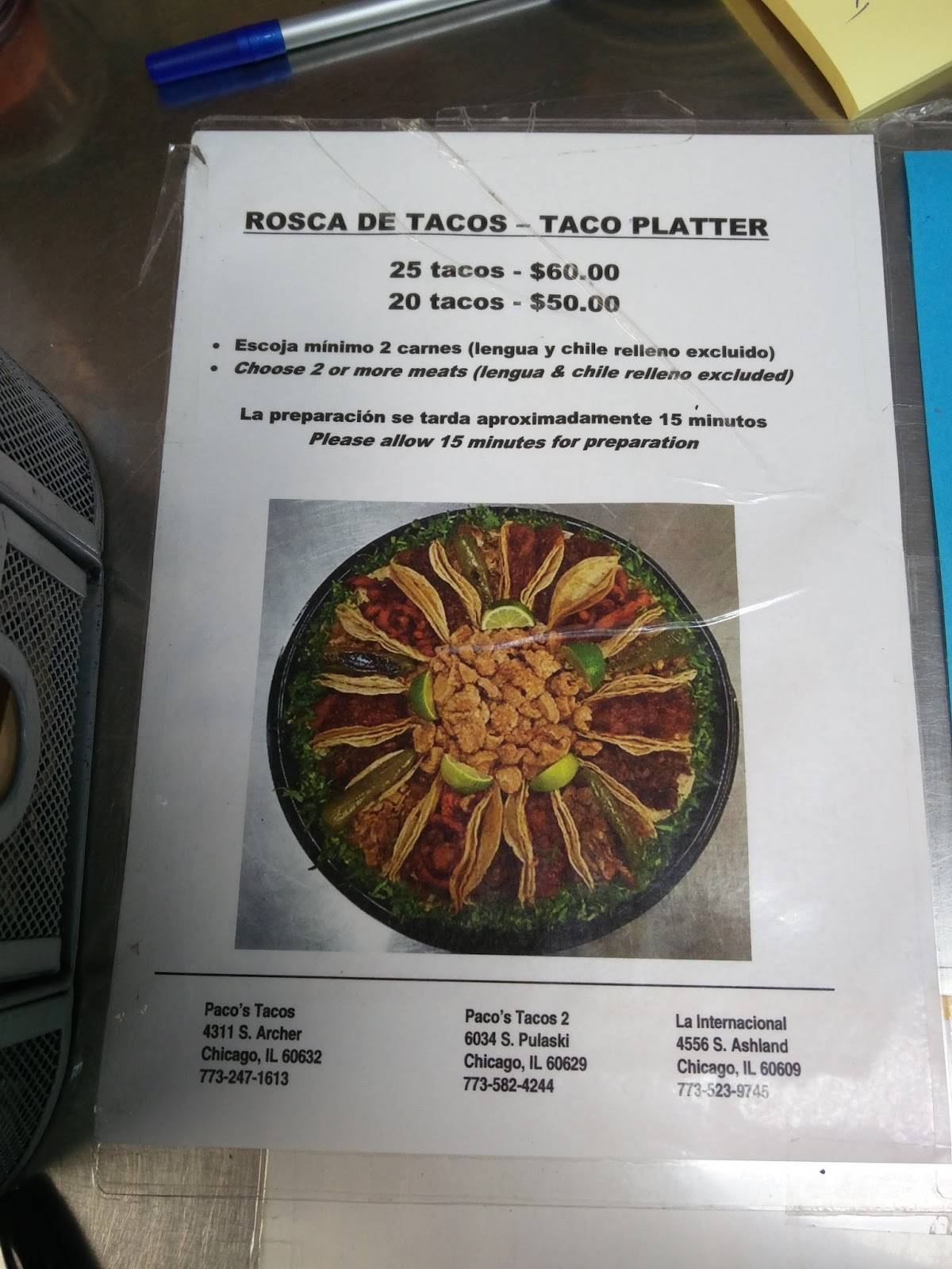 Menu at Paco's Tacos restaurant, Chicago, S Archer Ave