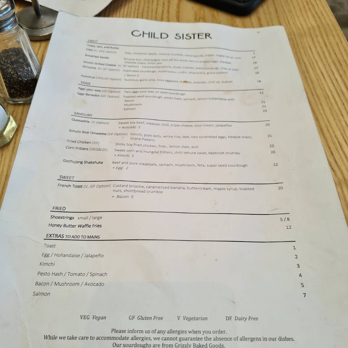 Menu at Child Sister cafe, Christchurch