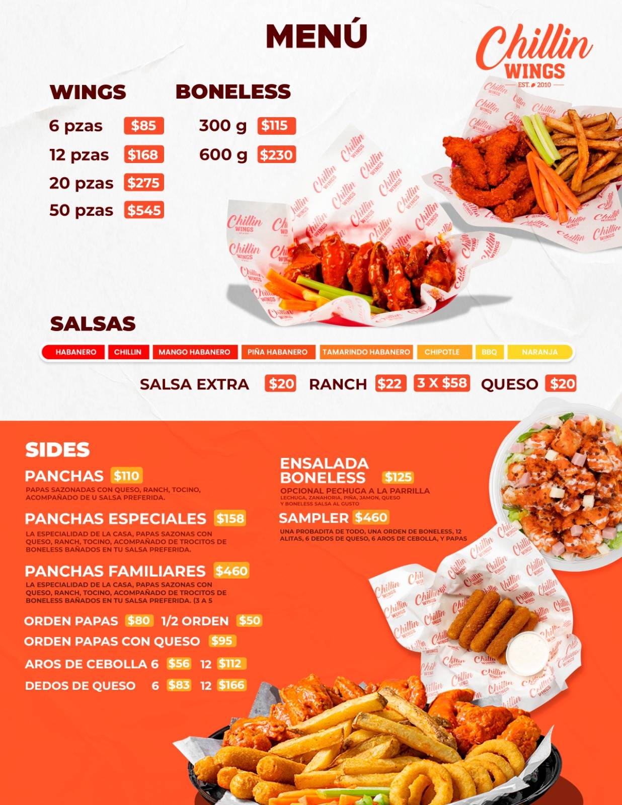 Carta del restaurante Chillin Wings, Heroica Nogales, Navojoa 615 Granja y