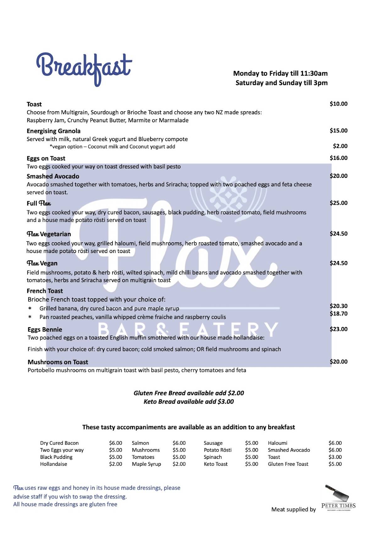 Menu at Flax Bar & Eatery, Christchurch