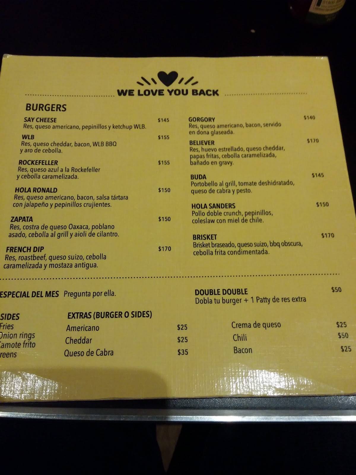 Menu at We Love Burgers restaurant, Ciudad López Mateos, C. Río Lerma 159