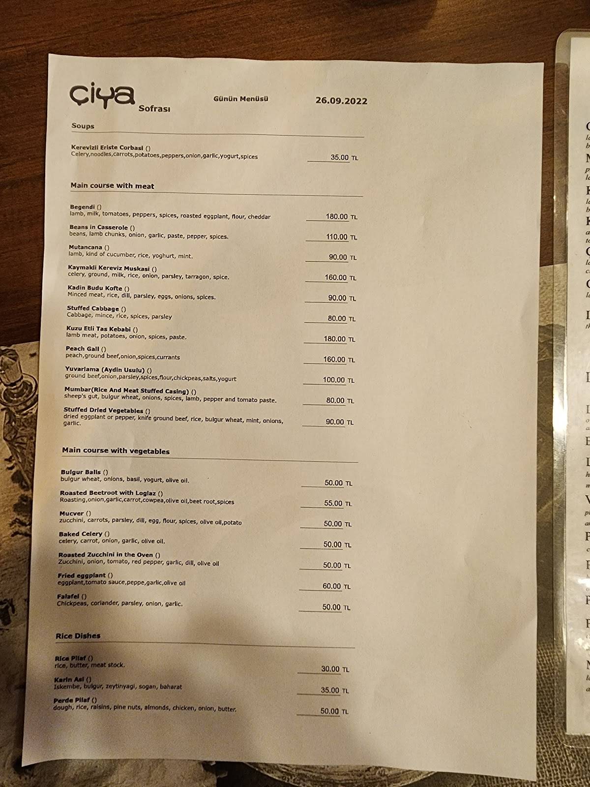 Menu at Çiya Sofrası, Istanbul, Güneşli Bahçe Sok