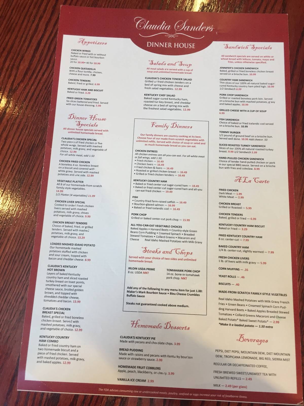 Menu at Claudia Sanders Dinner House restaurant, Shelbyville