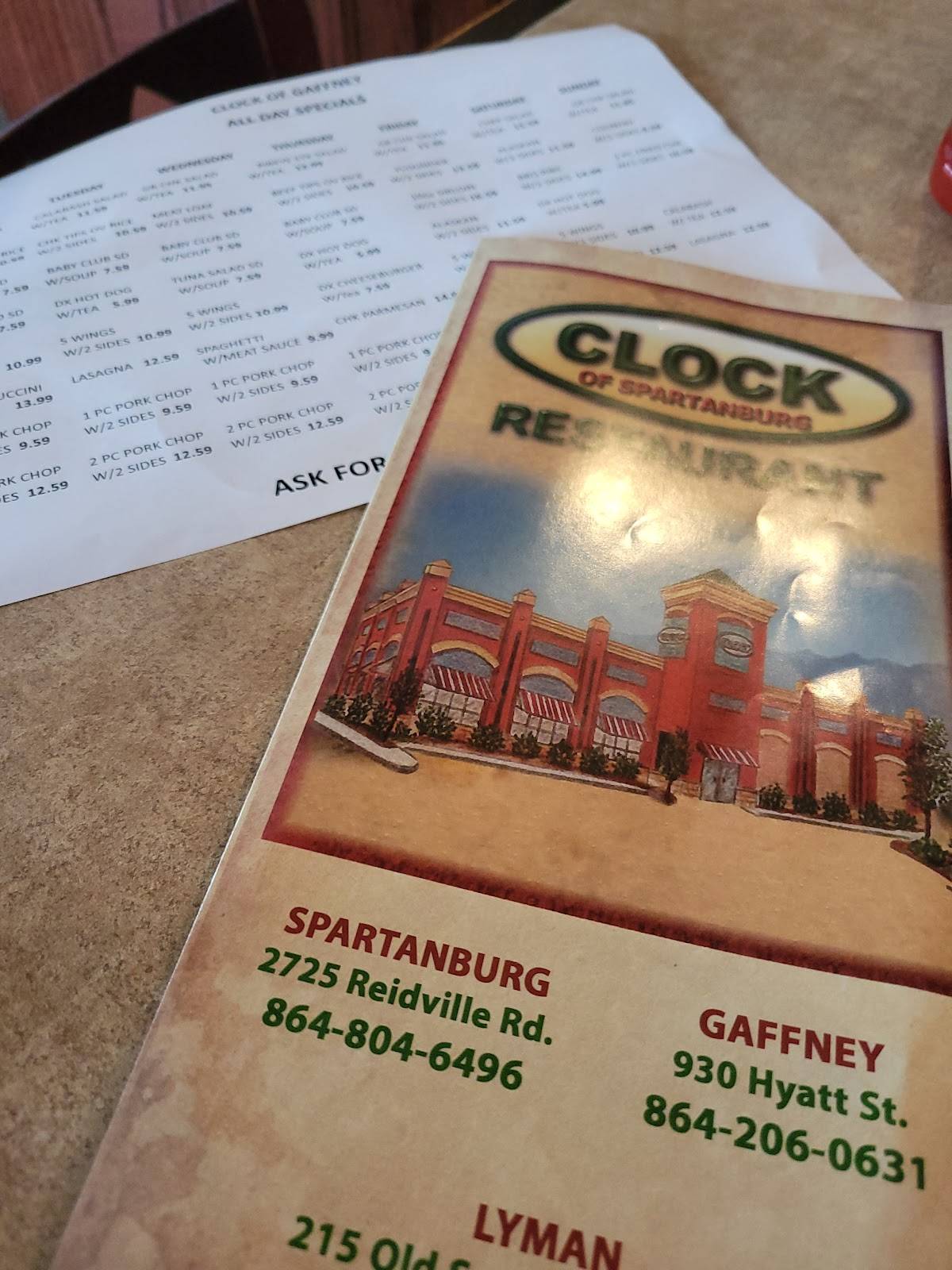 Menu at Clock of Gaffney restaurant, Gaffney