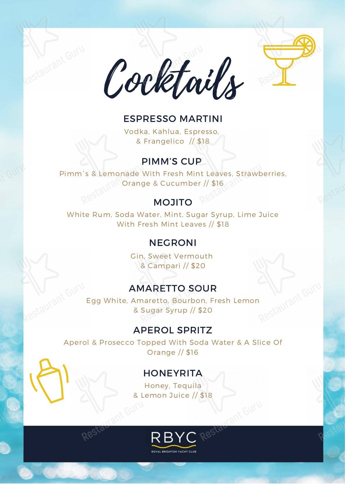 Menu at Royal Brighton Yacht Club, Brighton