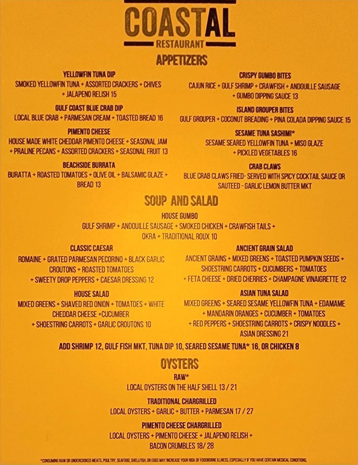 Menu at Coastal Orange Beach pub & bar, Orange Beach