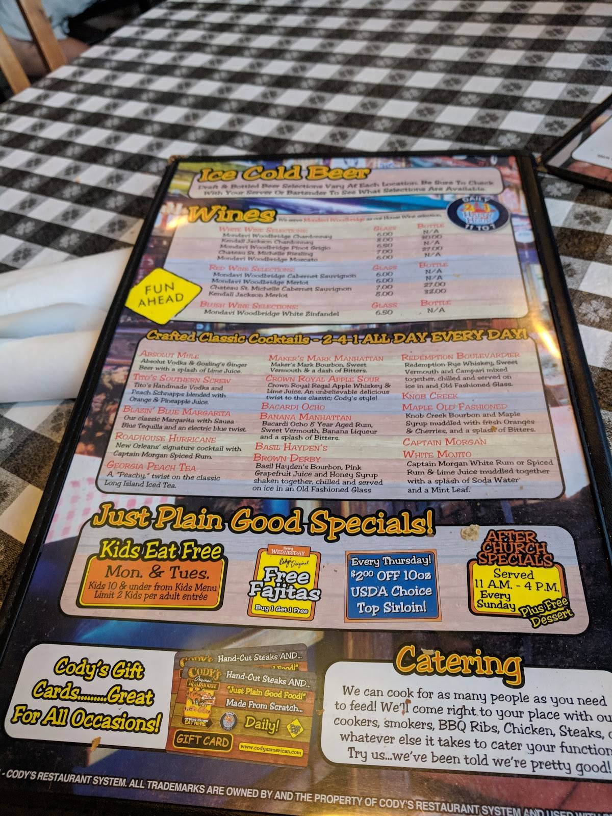 Menu at Cody's Original Roadhouse - Brownwood BBQ, The Villages ...