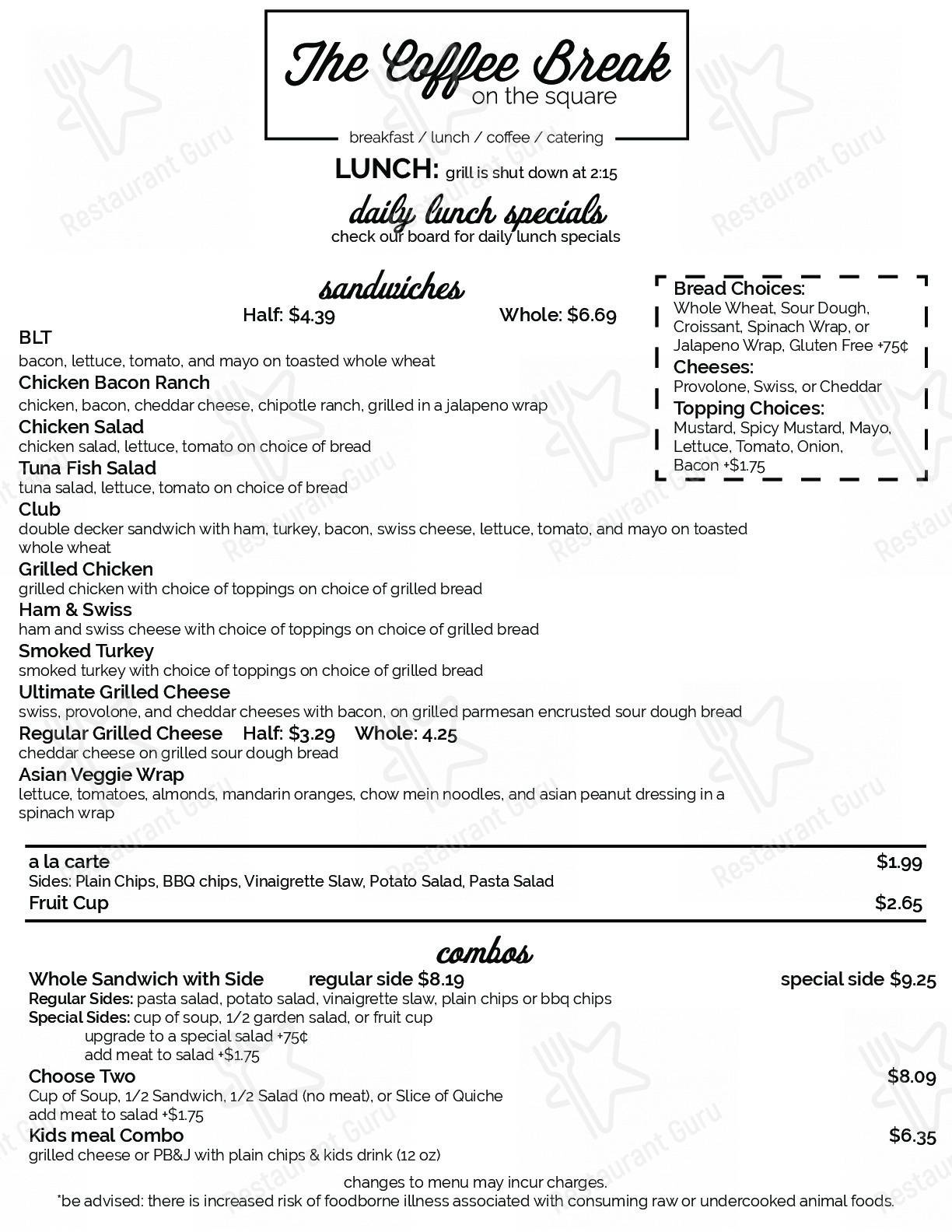 Menu at The Coffee Break cafe, Shelbyville