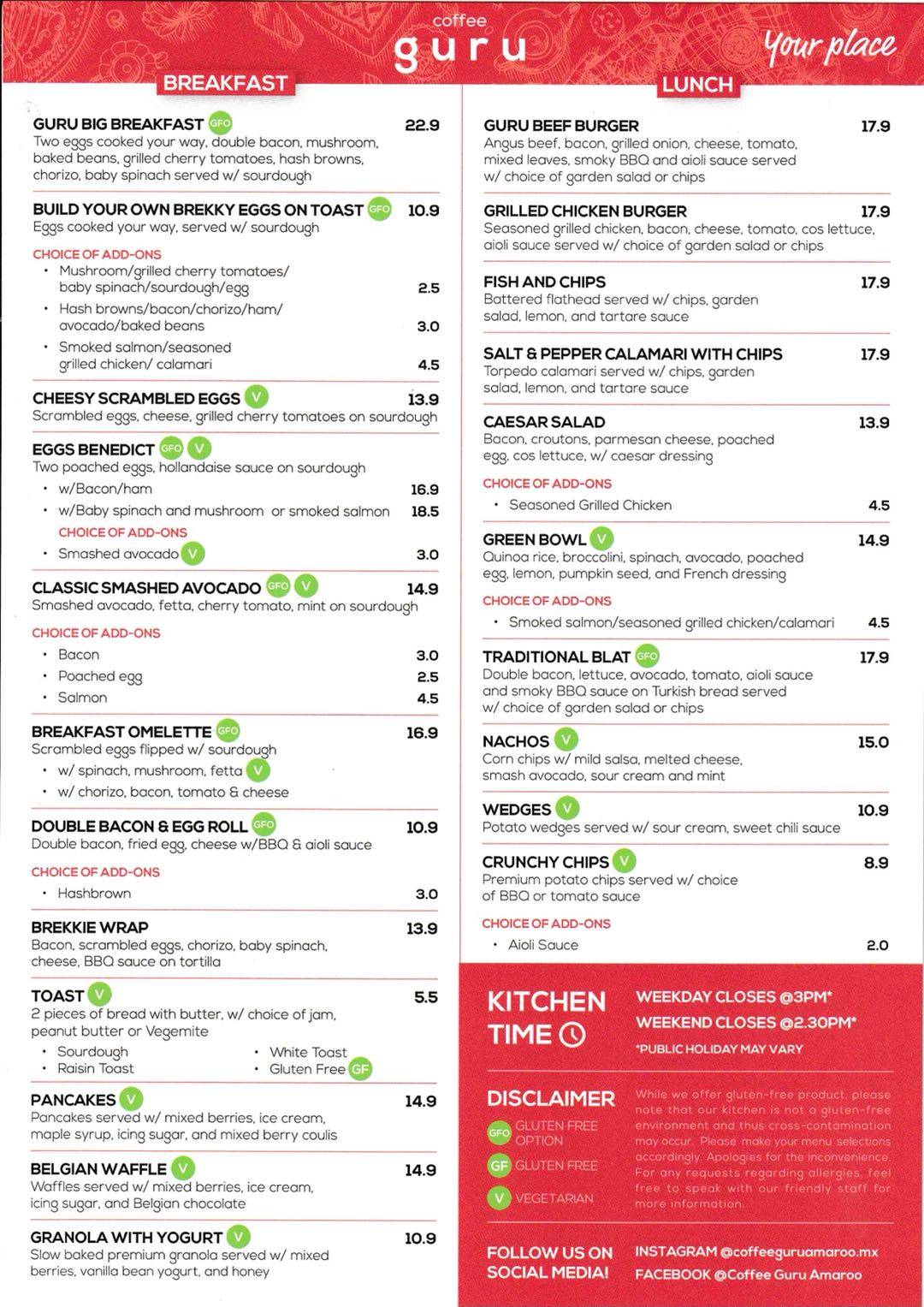 Menu at Coffee Guru Amaroo cafe, Amaroo