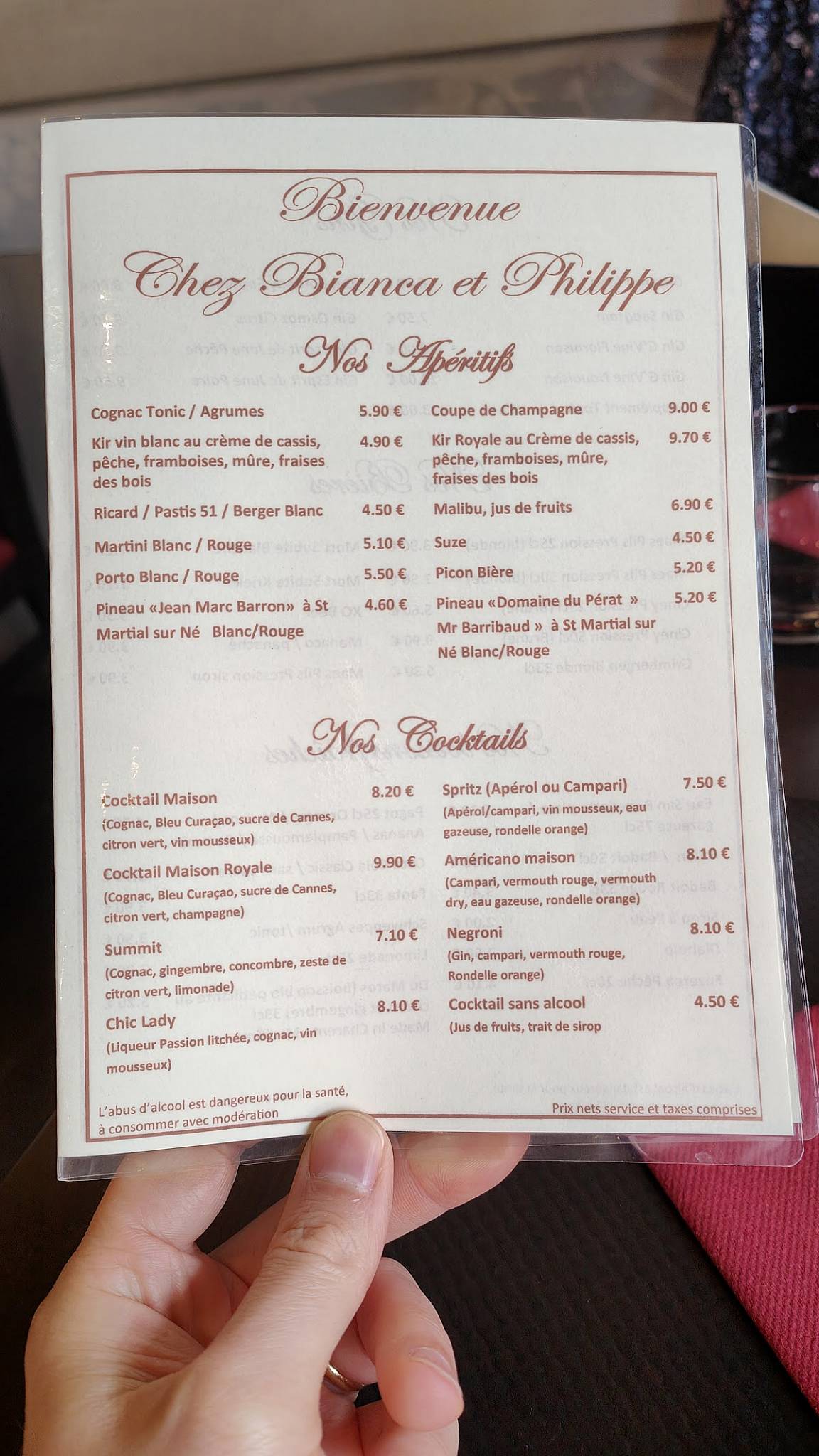 Menu au La Rôtisserie de Philippe restaurant, Cognac