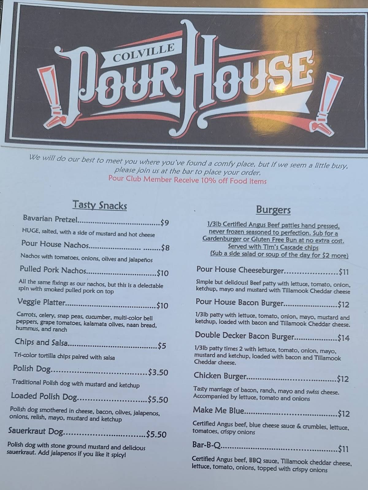 Menu at Colville Pour House pub & bar, Colville
