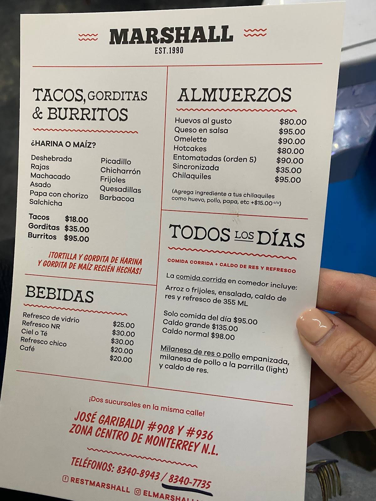 Carta del restaurante El Marshall, Monterrey