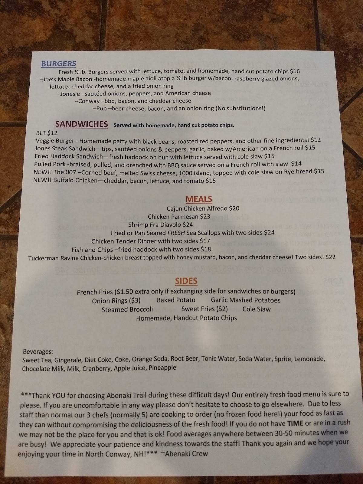 Menu at Abenaki Trail Restaurant & Pub, Conway