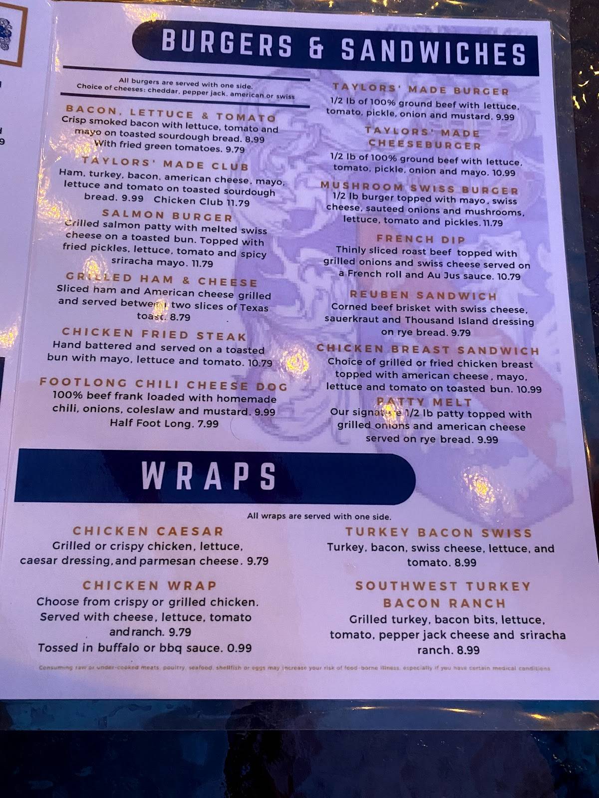 Menu at Taylor's Made cafe, Conway