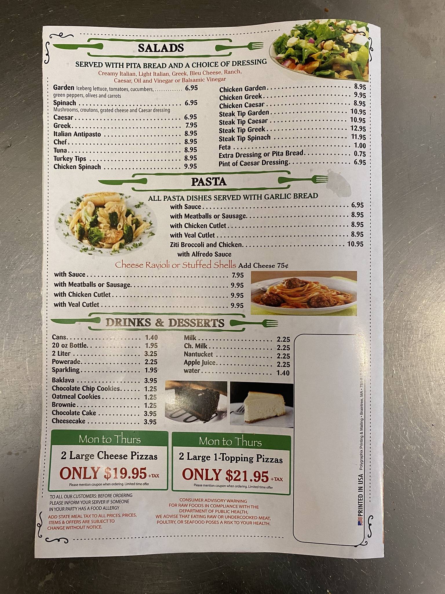 Menu at Copeland Street Sub & Pizza pizzeria, Quincy