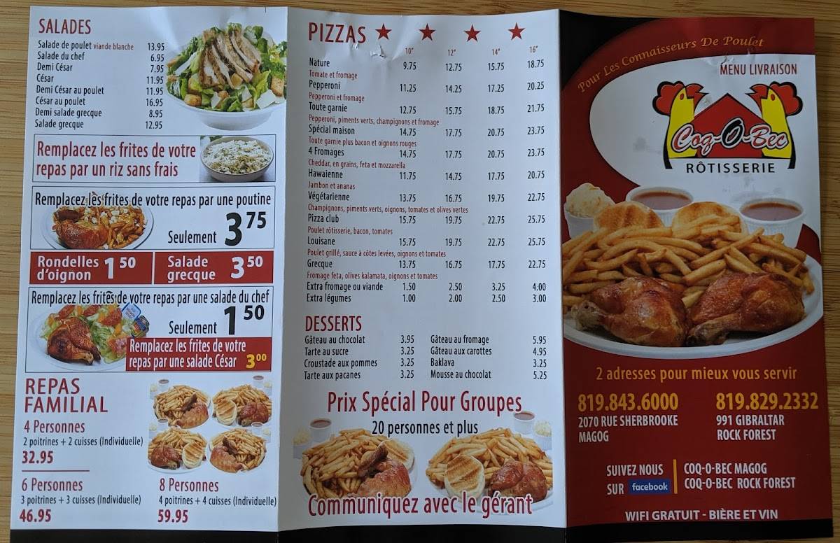 Menu au Coq-o-bec rock forest restaurant, Sherbrooke
