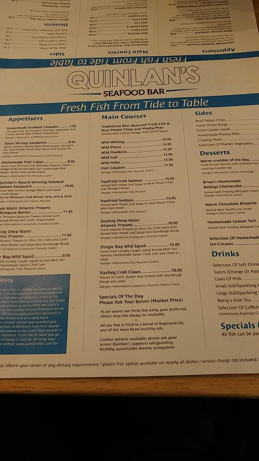 Menu at Quinlans Seafood Bar Cork, Cork
