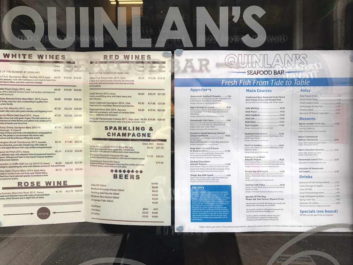 Menu at Quinlans Seafood Bar Cork, Cork