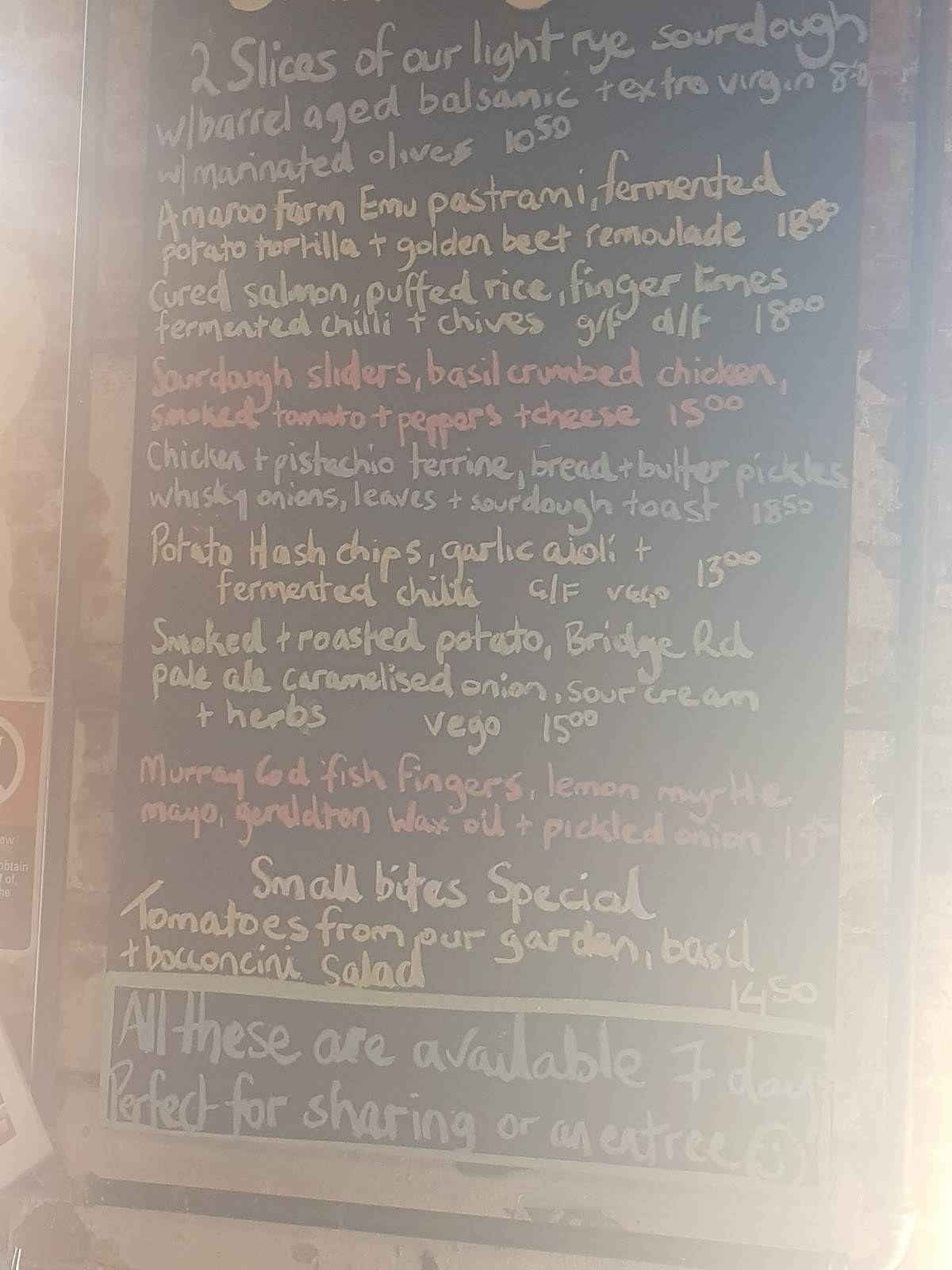 Menu at Corowa Distilling Co. restaurant, Corowa