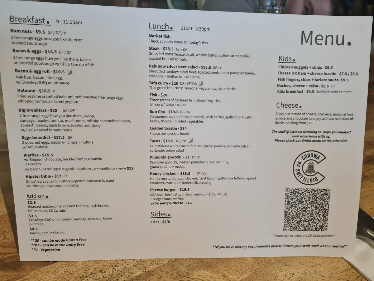 Menu at Corowa Distilling Co. restaurant, Corowa